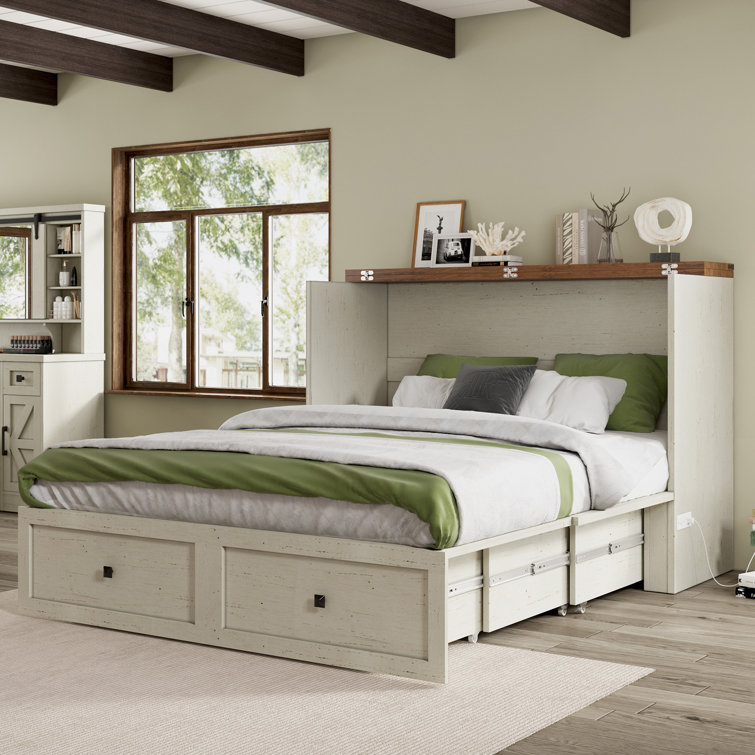 Gracie Oaks Wilkinson Farmhouse Murphy Bed, Large Storage Drawer ...